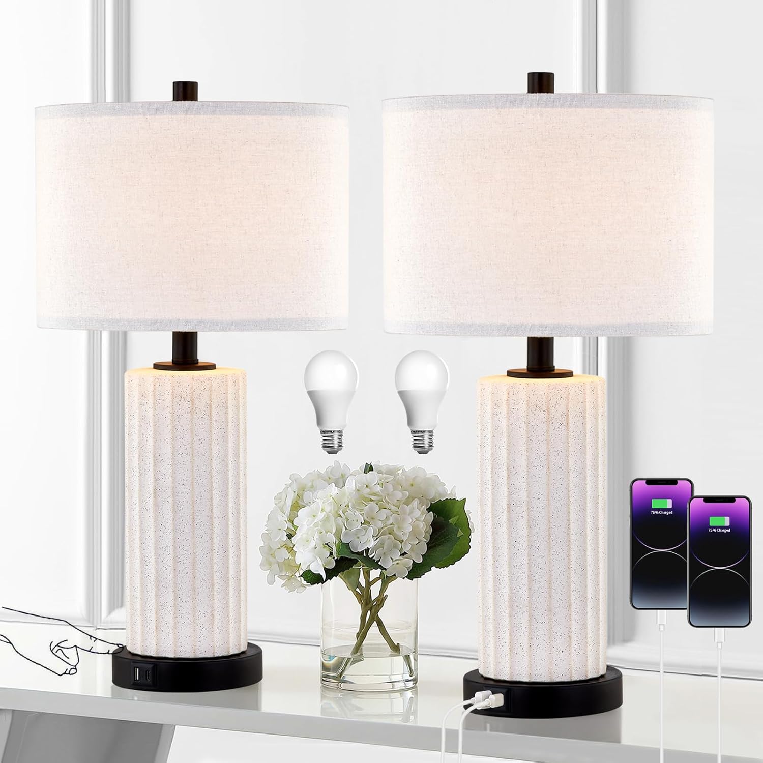 KAWOTI White Ceramic Table Lamp Set of 2 for Living Room 3 Way Touch ...