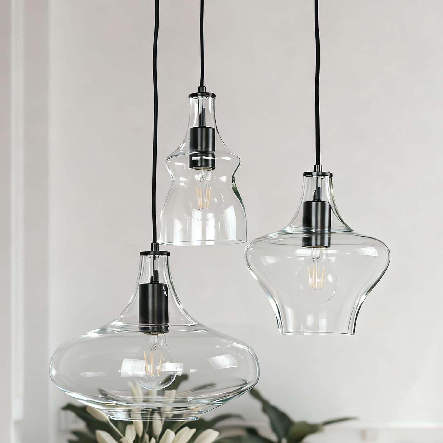 Modern Black 3-Light Glass Pendant Light, Adjustable Rope Ceiling Light ...
