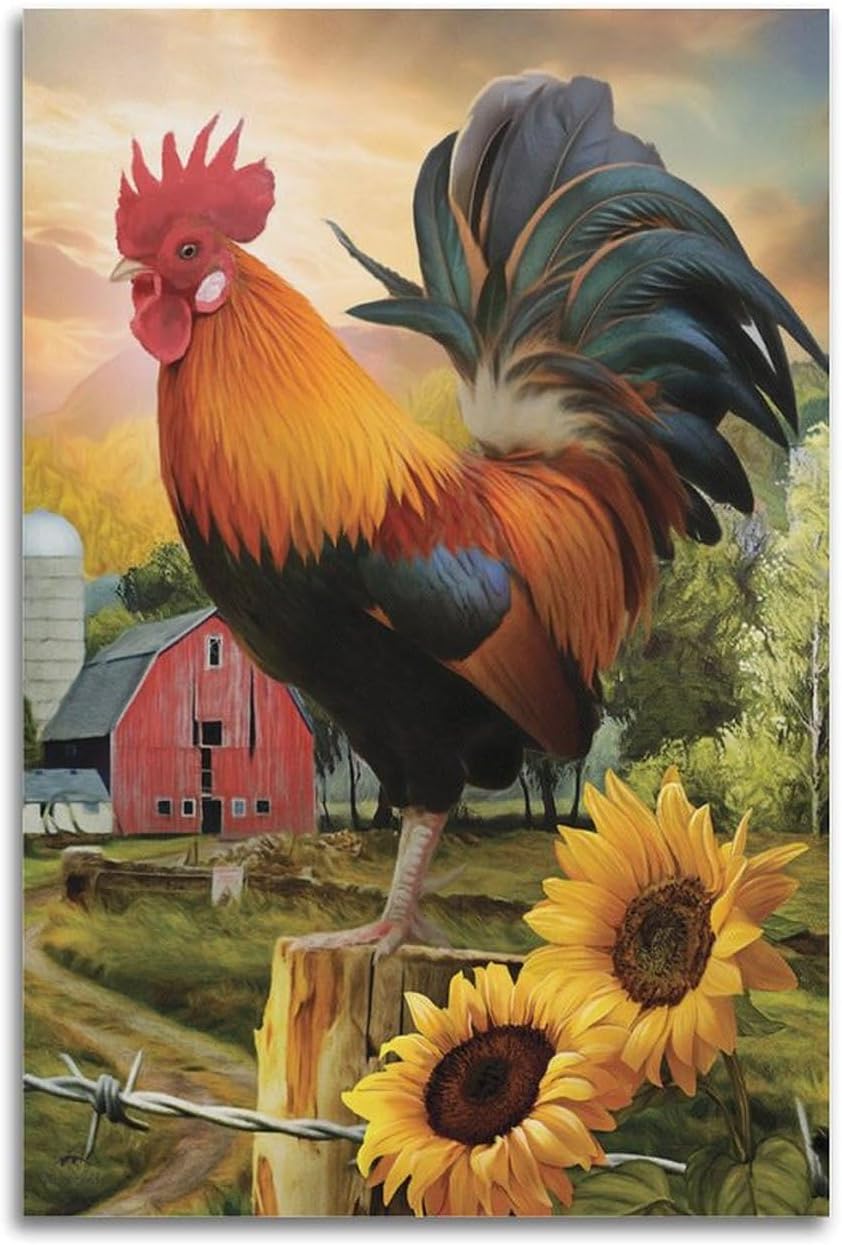 Amazon.com: HDYDJS Big Rooster Sunflower Vintage Pastoral Oil Painting ...