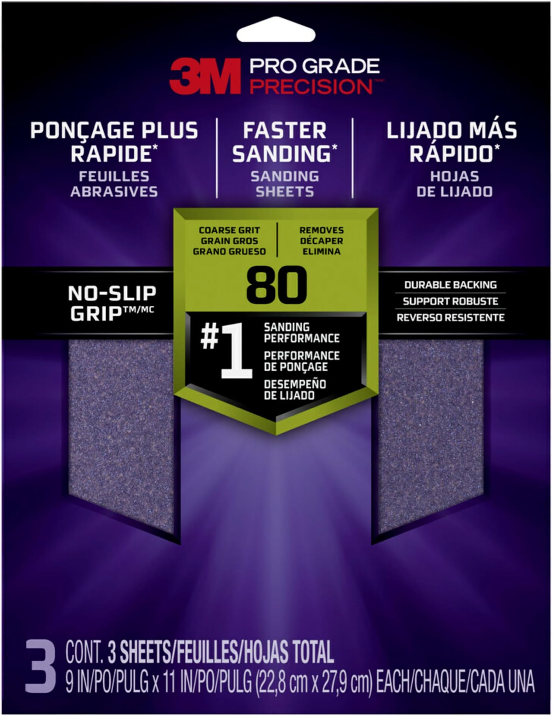 3M Pro Grade No-Slip Grip Sandpaper, 80 Grit – Durable C-Weight Backing ...