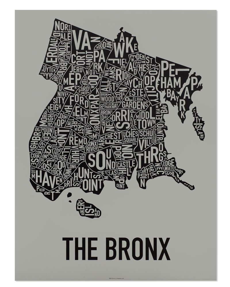 Amazon.com: Ork Posters Bronx Neighborhoods Map Art Screen Print, Grey ...