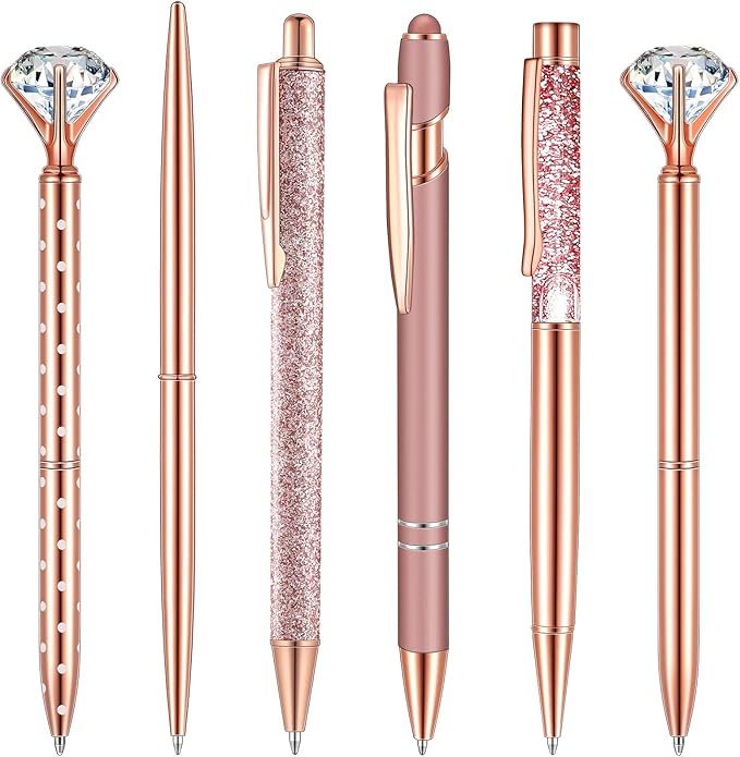 Amazon.com : 6 Pcs Rose Gold Ballpoint Pen Set Include Crystal Diamond ...