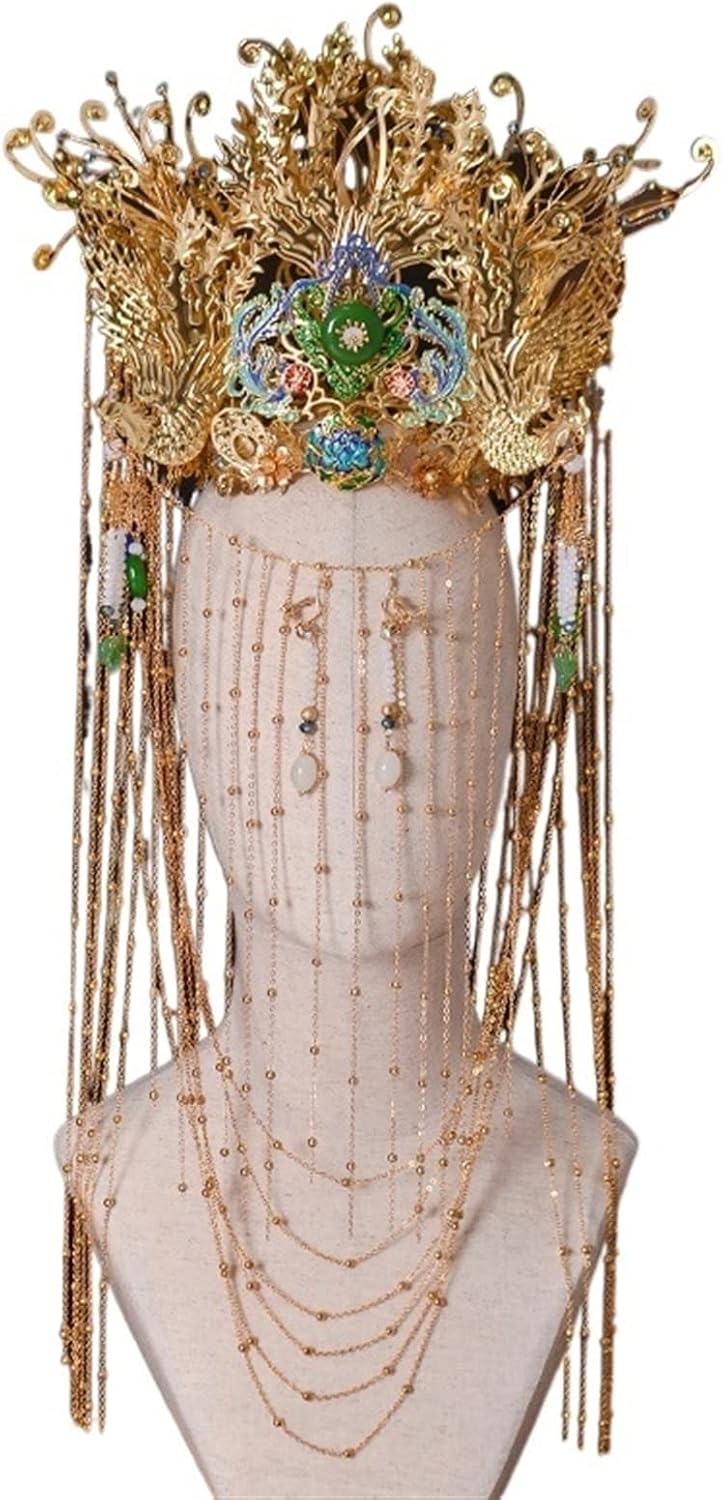 Amazon.com: Oligage Vintage Chinese Bridal Gold Phoenix Crown Long ...