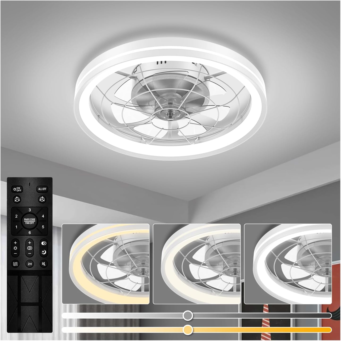Ceiling Fans with Lights Flush Mount, White Low Profile Modern Ceiling ...