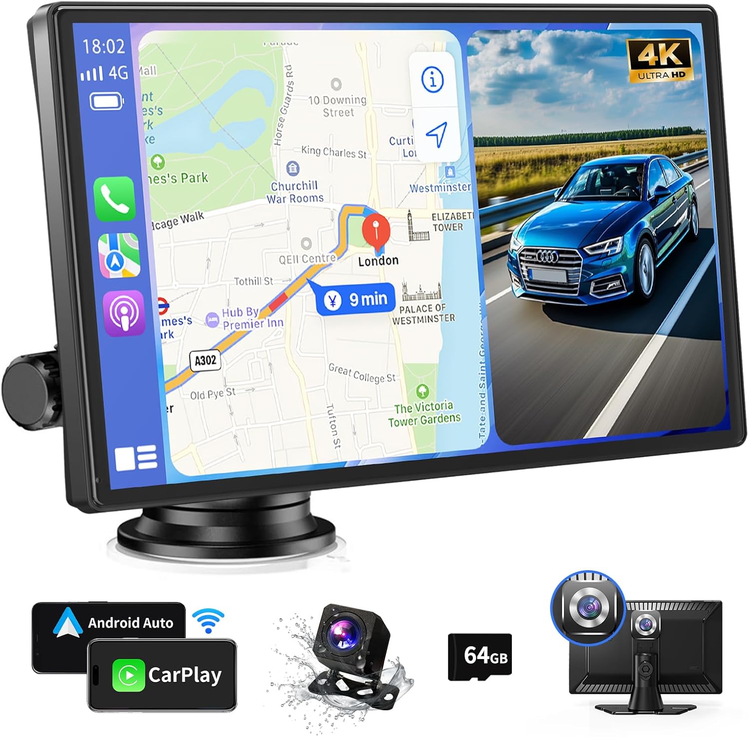 Amazon.com: LERANDA Wireless Carplay Screen with 4K Dash Cam, 9"HD ...