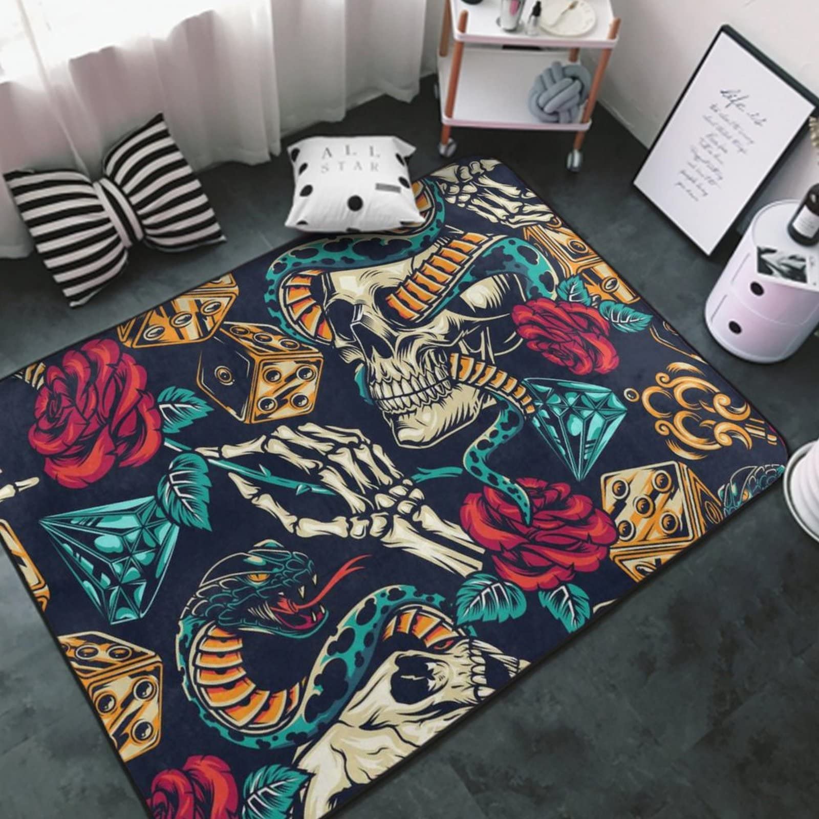 Amazon.com: Area Rug Ultra Soft Carpet Rose Skull Dice Keys Diamond ...