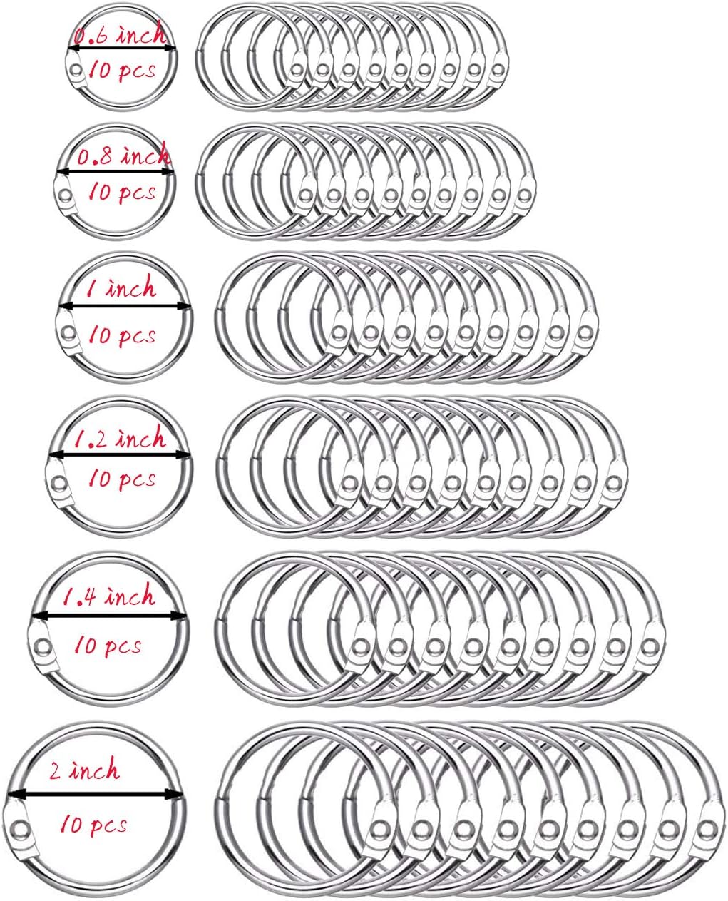 Loose Leaf Binder Rings, 60PCS Keychain Rings Assorted Sizes (Outside ...