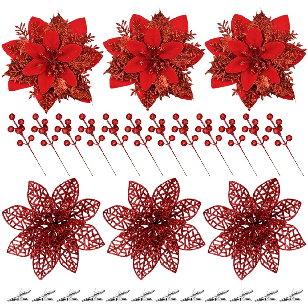 Amazon.com: BLOCE 24pcs Christmas Glitter Tree Picks, 12pcs Poinsettias ...