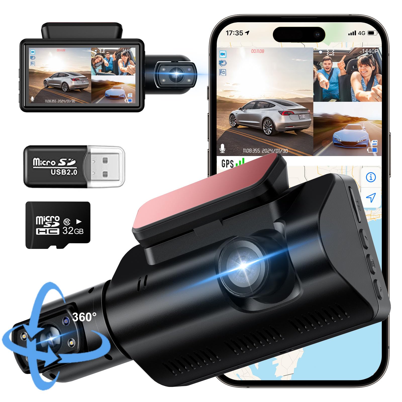 Amazon.com: 360° Car Camera - Dash Cam Front and Rear, 3" LCD Dash ...