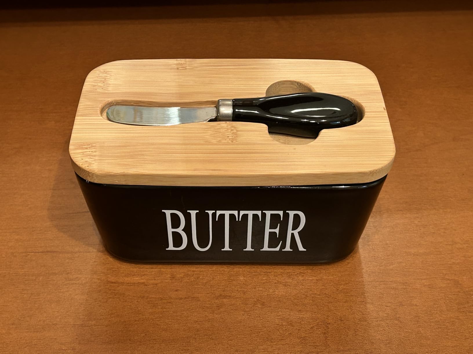 Ceramic Butter Dish with Lid and Knife, Airtight Black Butter Container ...