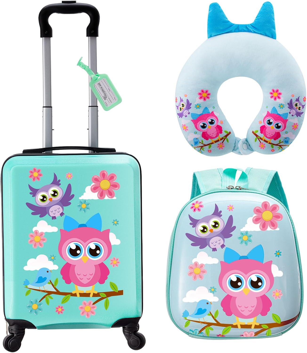 Sanwuta 4 Pcs Owl Luggage 17 Inch Kids Rolling Luggage for Girls ...