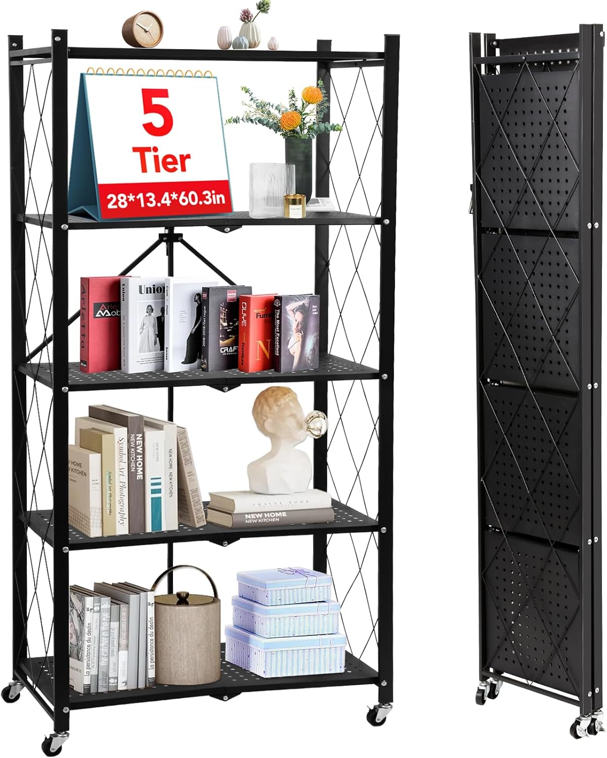 Amazon.com: YixangDD 5-Tier Foldable Storage Shelf with Wheels, No ...