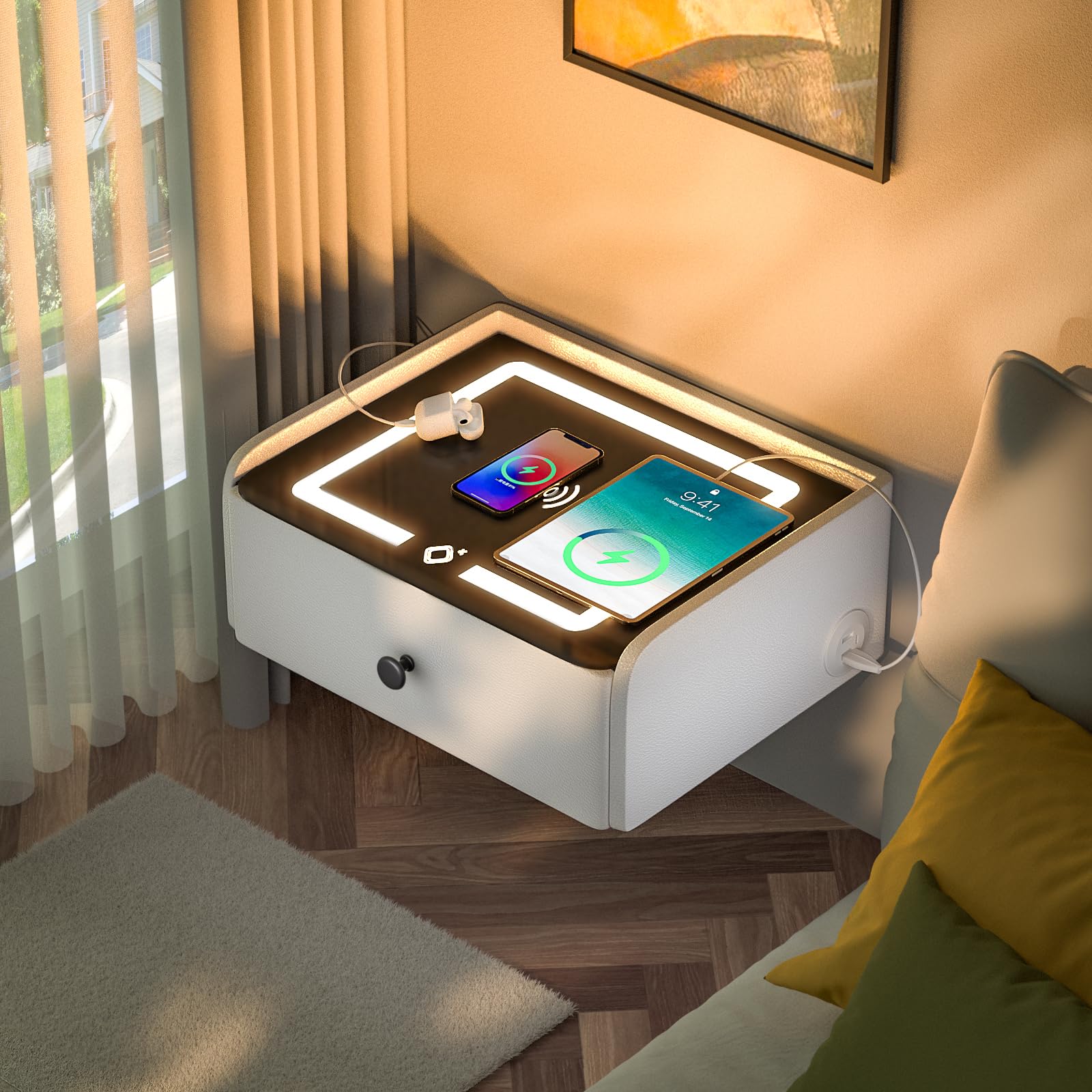 HOMEMORE Smart Nightstand Floating Bedside Table LED Nightstand with Charging Smart Nightstand ...