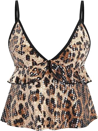 SweatyRocks Women's Sparkly Sequin Leopard Print V Neck Sleeveless ...