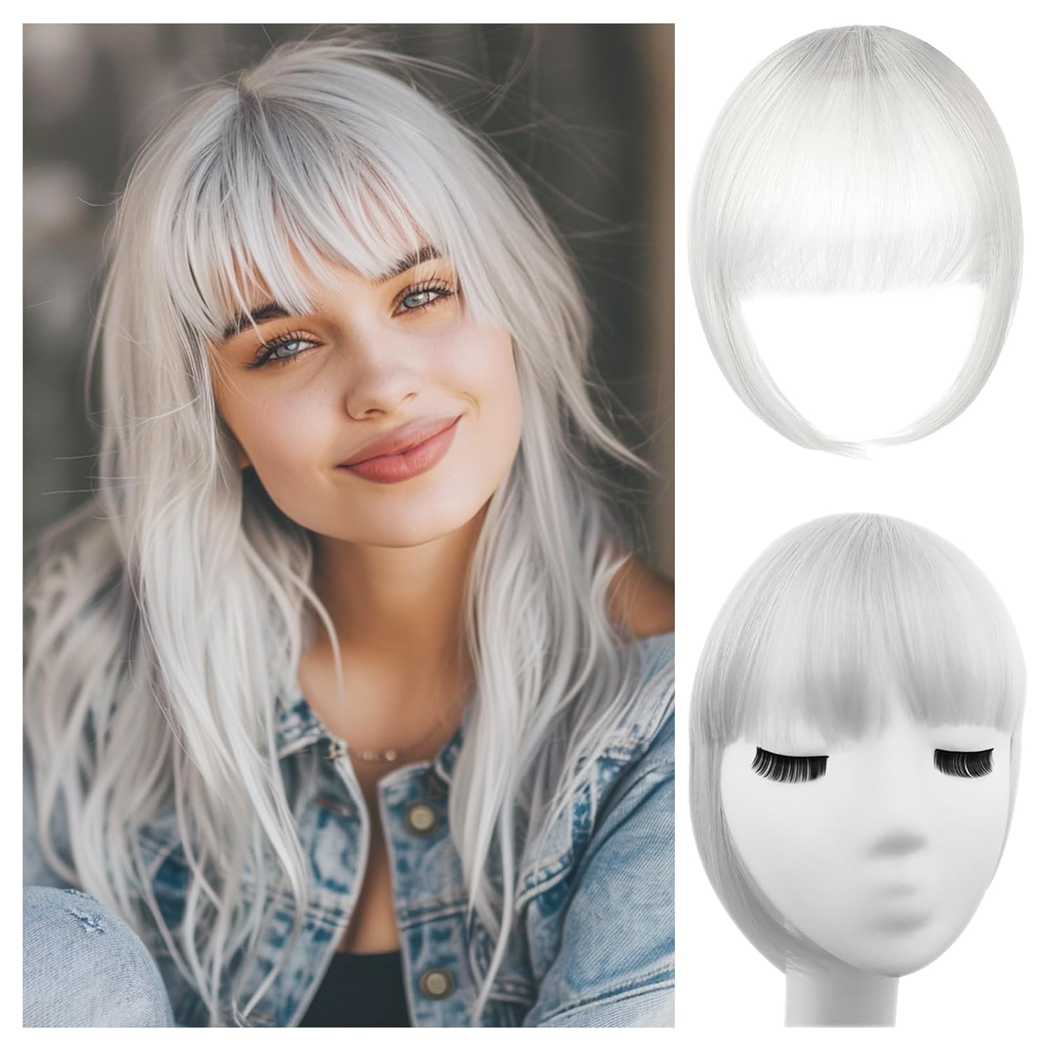 Amazon.com : NAZOFCIH Silver Gray Clip on Bangs – Realistic Synthetic ...