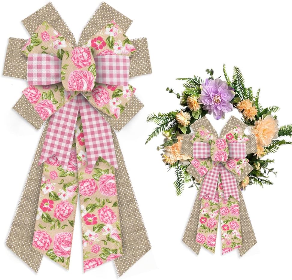 Amazon.com: Large Spring Wreath Bows Pink Roses Flowers Burlap Bows for ...