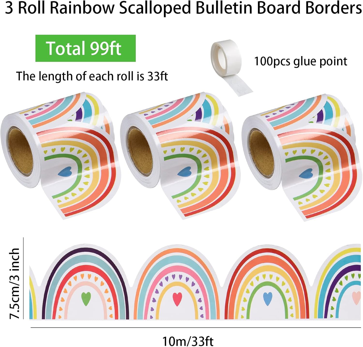 Buy 99 Feet Bulletin Board Border, 3 Rolls Rainbows Scalloped Borders ...