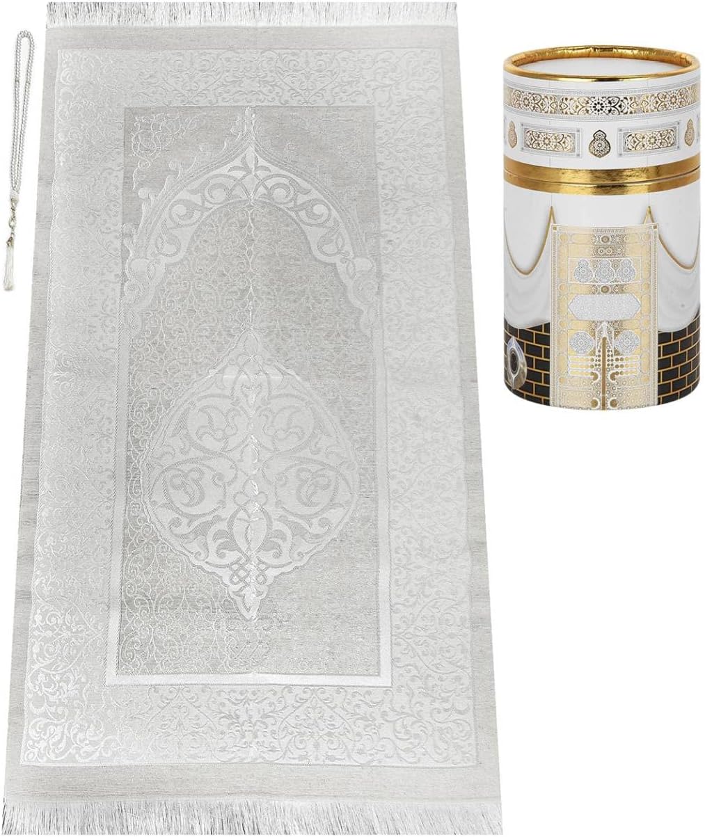 Muslim Prayer Rug and Prayer Beads with Elegant Design Cylinder Gift ...