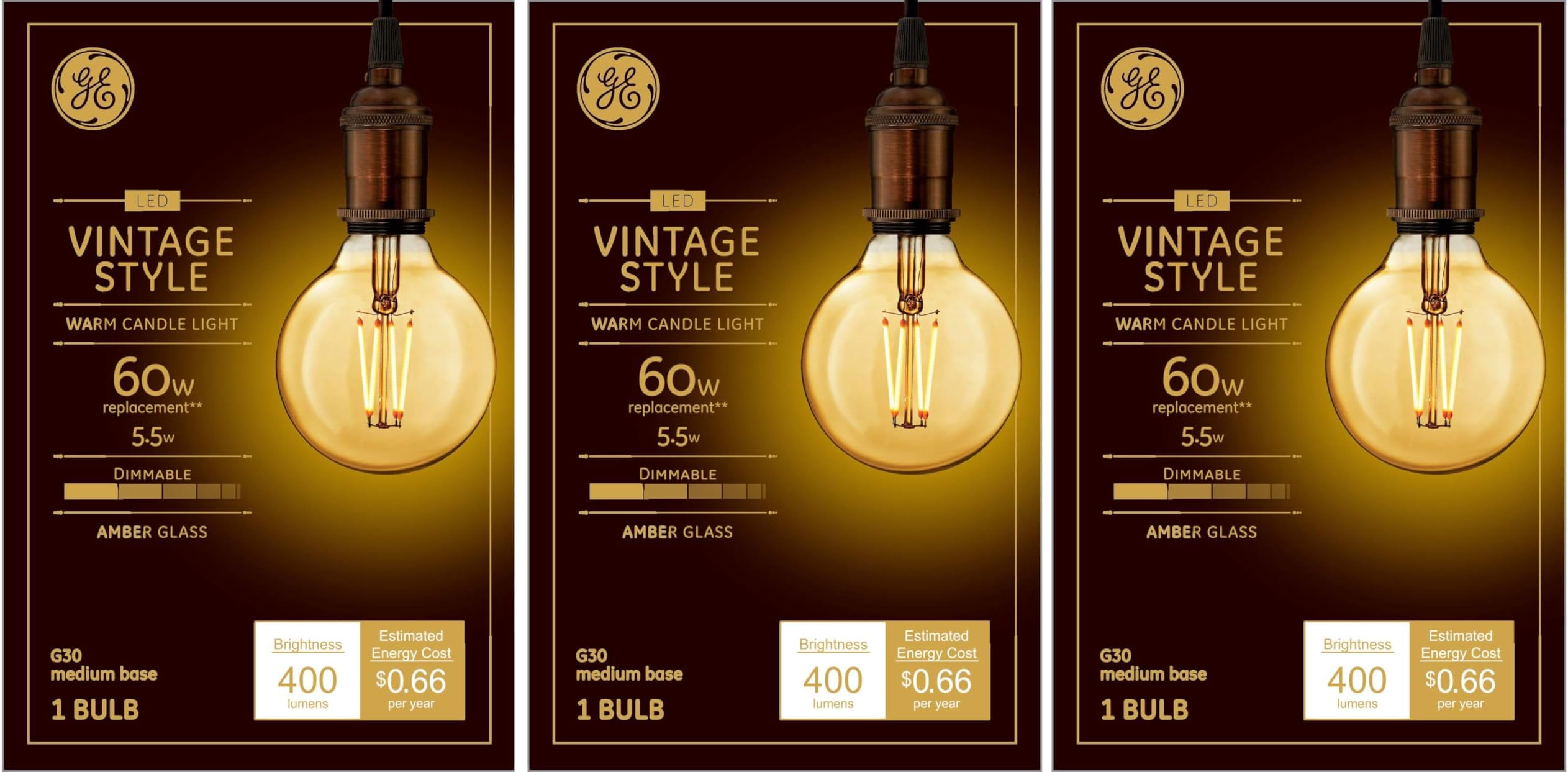 GE (case of 3 Bulbs) Lighting Vintage Style LED G30 Globe Light Bulb, 5 ...