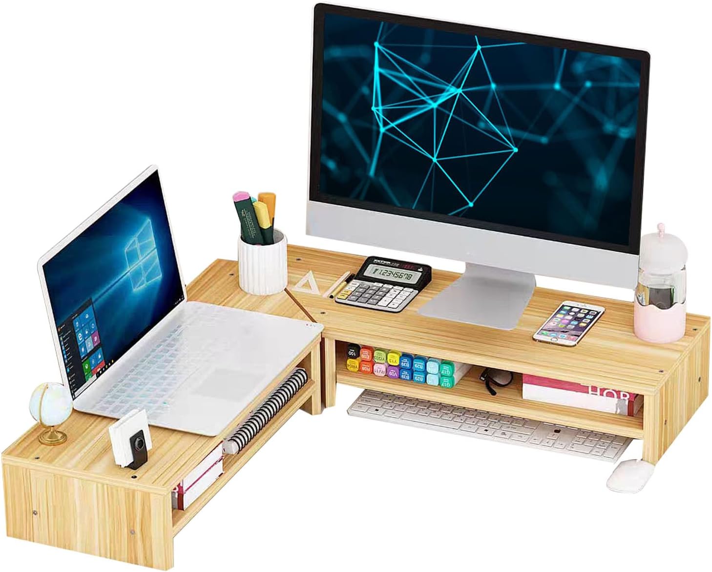 KUAIYU 2-Tier Wood Monitor Stand Riser, Ergonomic Corner Computer ...