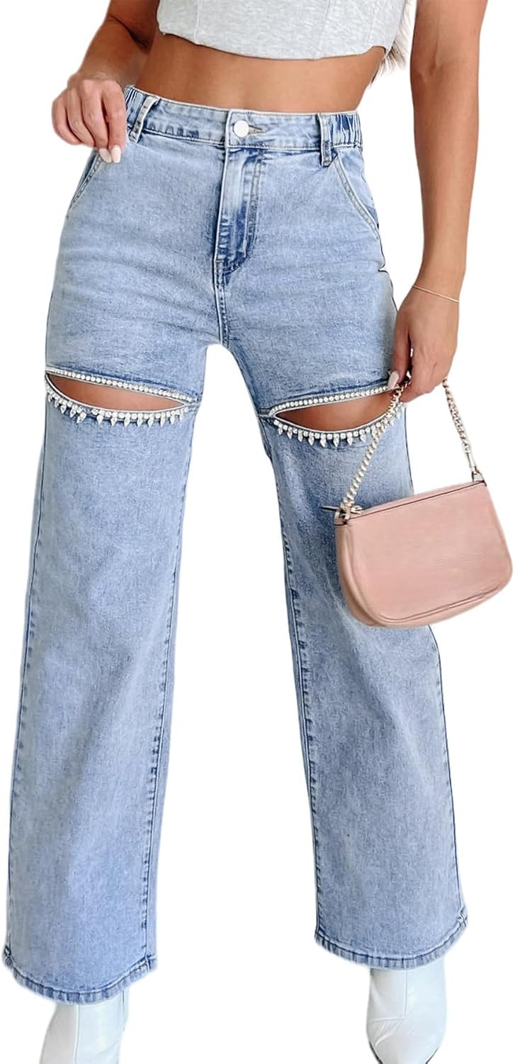 Kedera Women's Rhinestone Pearl Cut Out Jeans High Rise Straight Leg ...