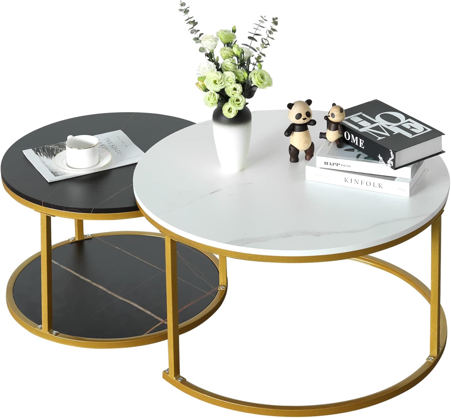 Amazon.com: Nesting Round Coffee Table 2 Sets, Marble Look Wood Side Table, Sturdy Gold Frame ...