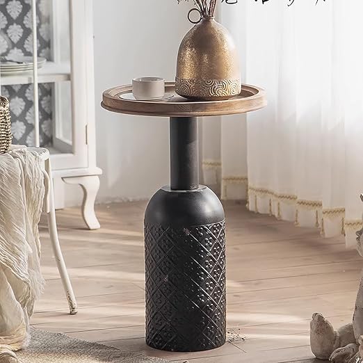 Rustic Farmhouse Round Coffee Table with Metal Base Black Wood Top ...