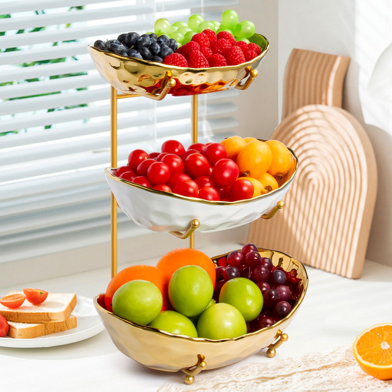 Amazon.com: MEIGLQEA White Ceramic 3 Tier Modern Fruit Bowl with Metal ...