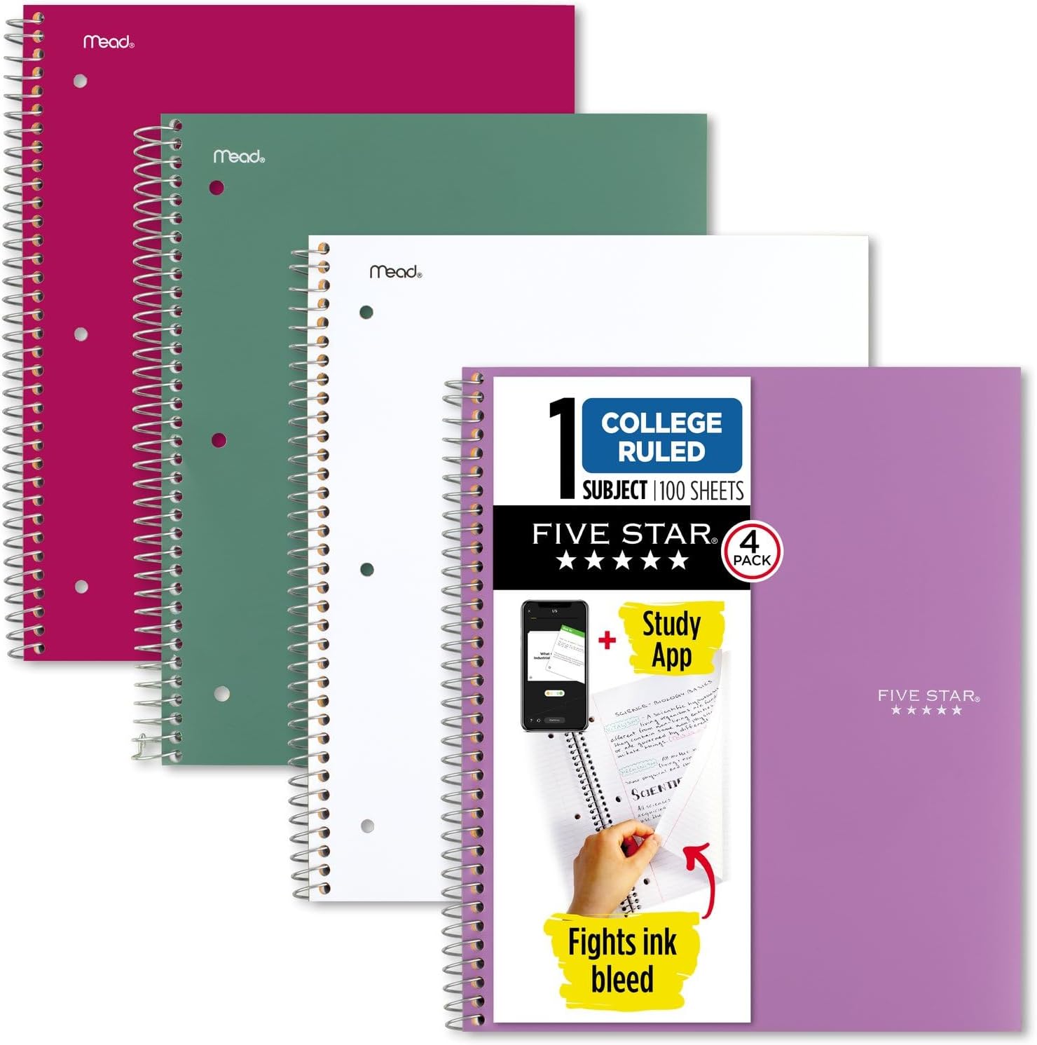 Five Star Spiral Notebooks + Study App, 4 Pack, 1 Subject, College ...