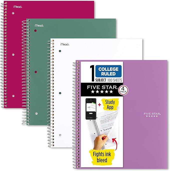 Amazon.com : Five Star Spiral Notebooks + Study App, 4 Pack, 1 Subject ...
