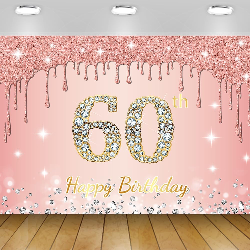 Amazon.com : Pink 60th Birthday Backdrop for Women Rose Gold Pink Happy ...