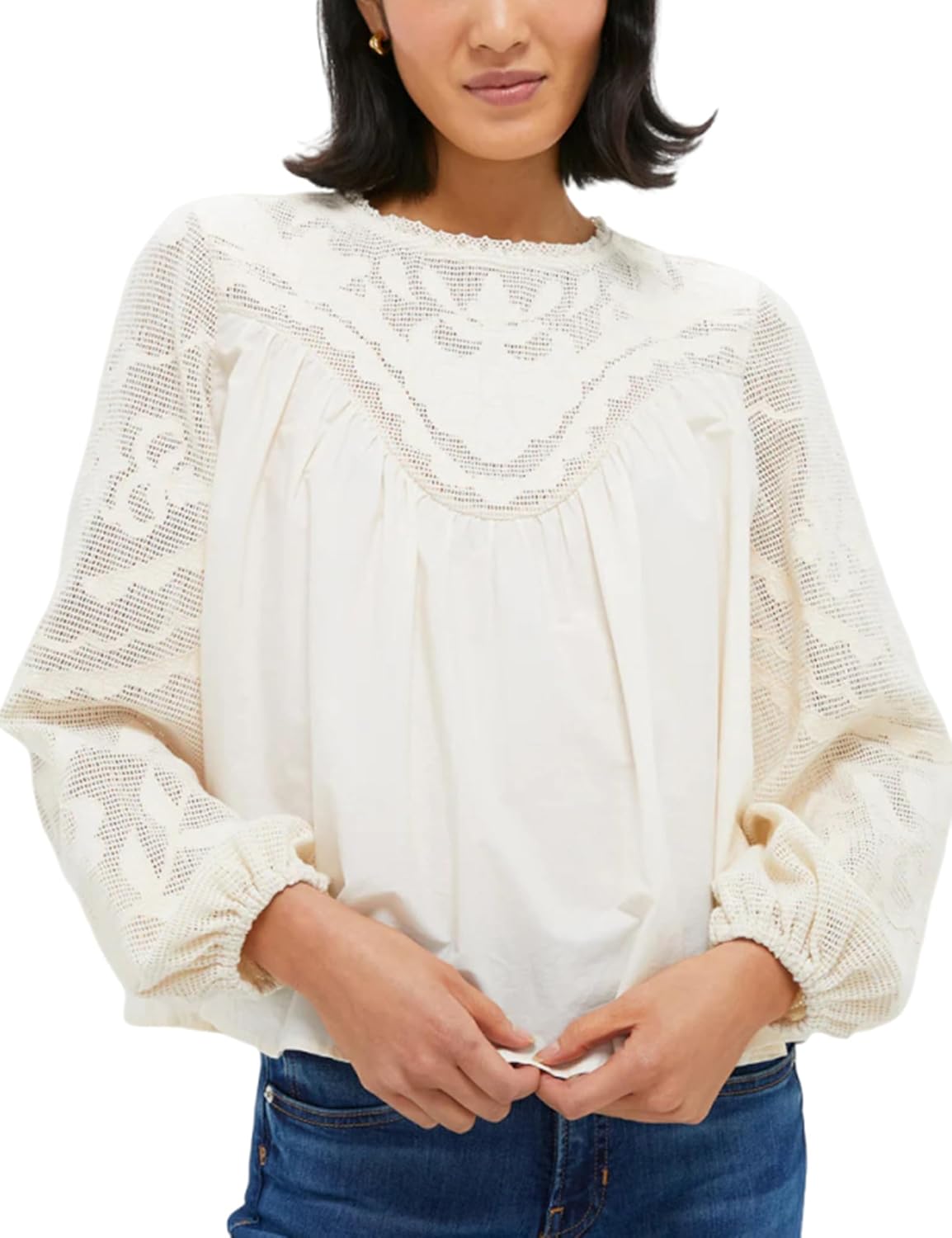 Ailoqing Women Lace-Detail Flared Blouse Long-Sleeve Crew Neck Lace ...