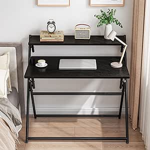 Amazon.co.jp: Small Folding Computer Desk No Assembly Desk with Shelves ...