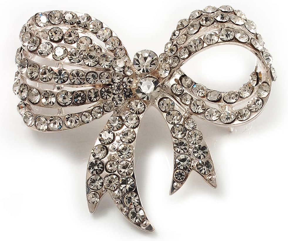 Schillernde "Schleifen" Brosche mit transparentem Strass (Silberfarben ...