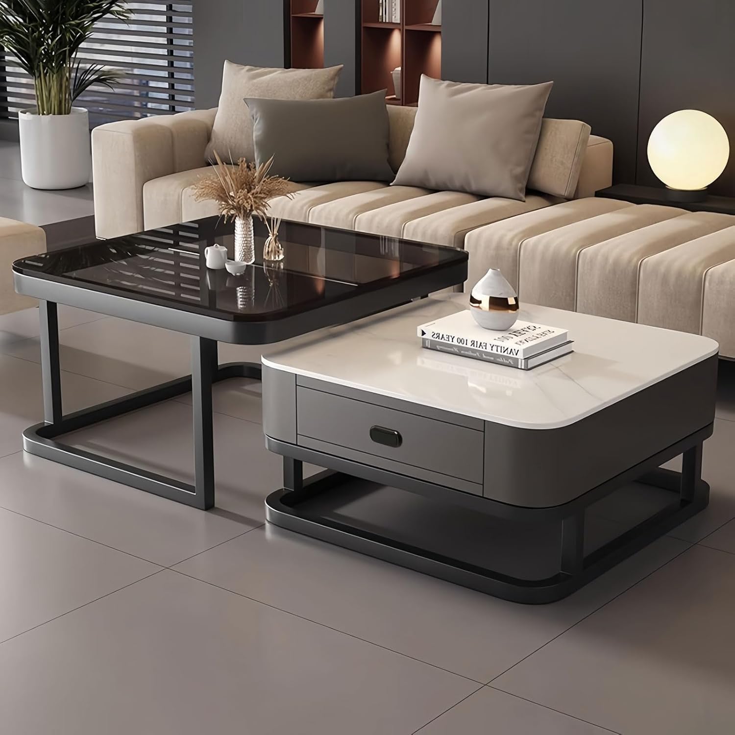 GOOCOO Nesting Coffee Table Set of 2, Modern Black Glass Side Table ...