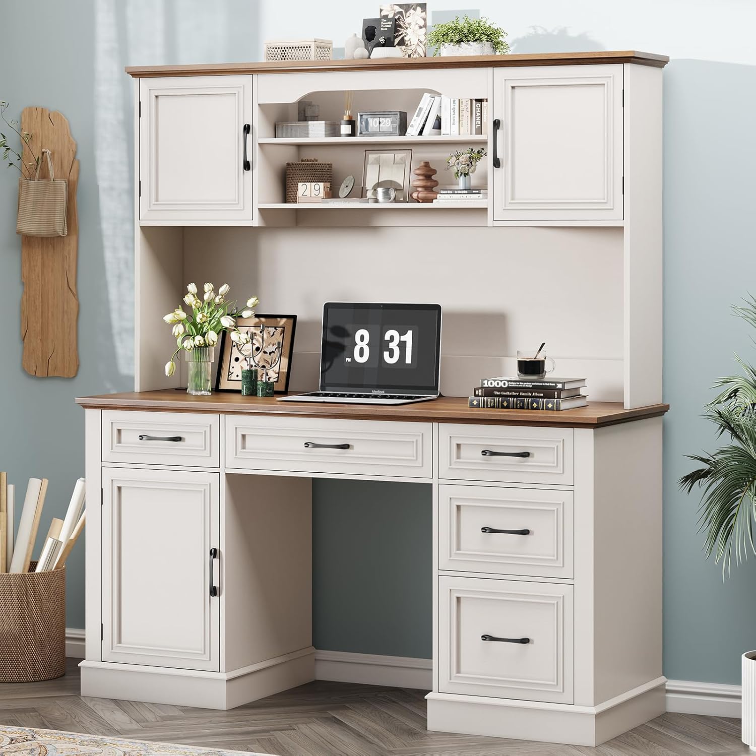 Amazon.com: 67" H Farmhouse Executive Desk with Hutch. Wood Workstation ...