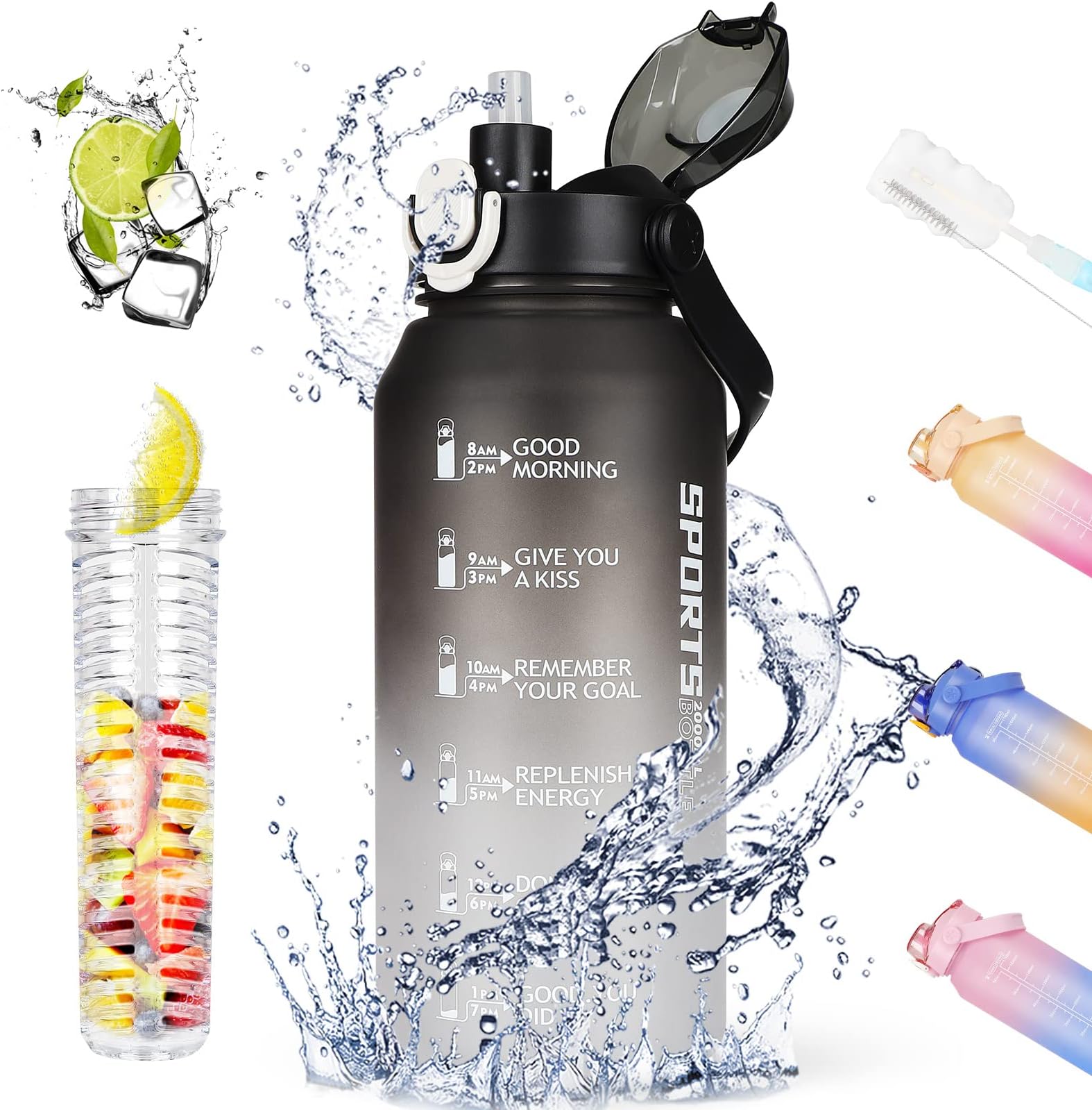 AOHAN 2 Litre Water Bottle, Large Water Bottle with Straw and Fruit ...