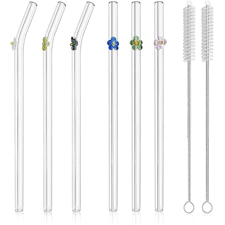 Amazon.com: 6 Pcs Reusable Glass Straws with 2 Cleaning Brushes, Cute ...