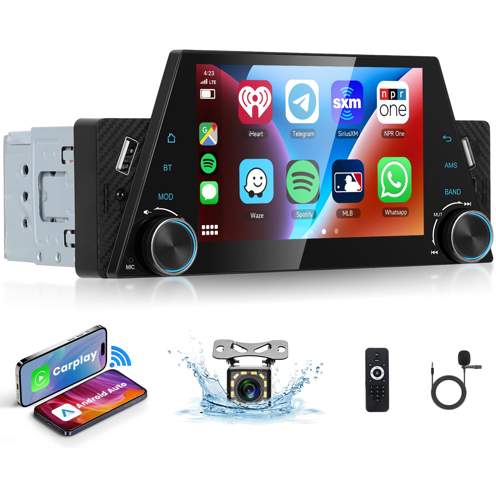 Amazon.com: Single Din Car Radio 5 Inch Wireless Carplay Android Auto ...