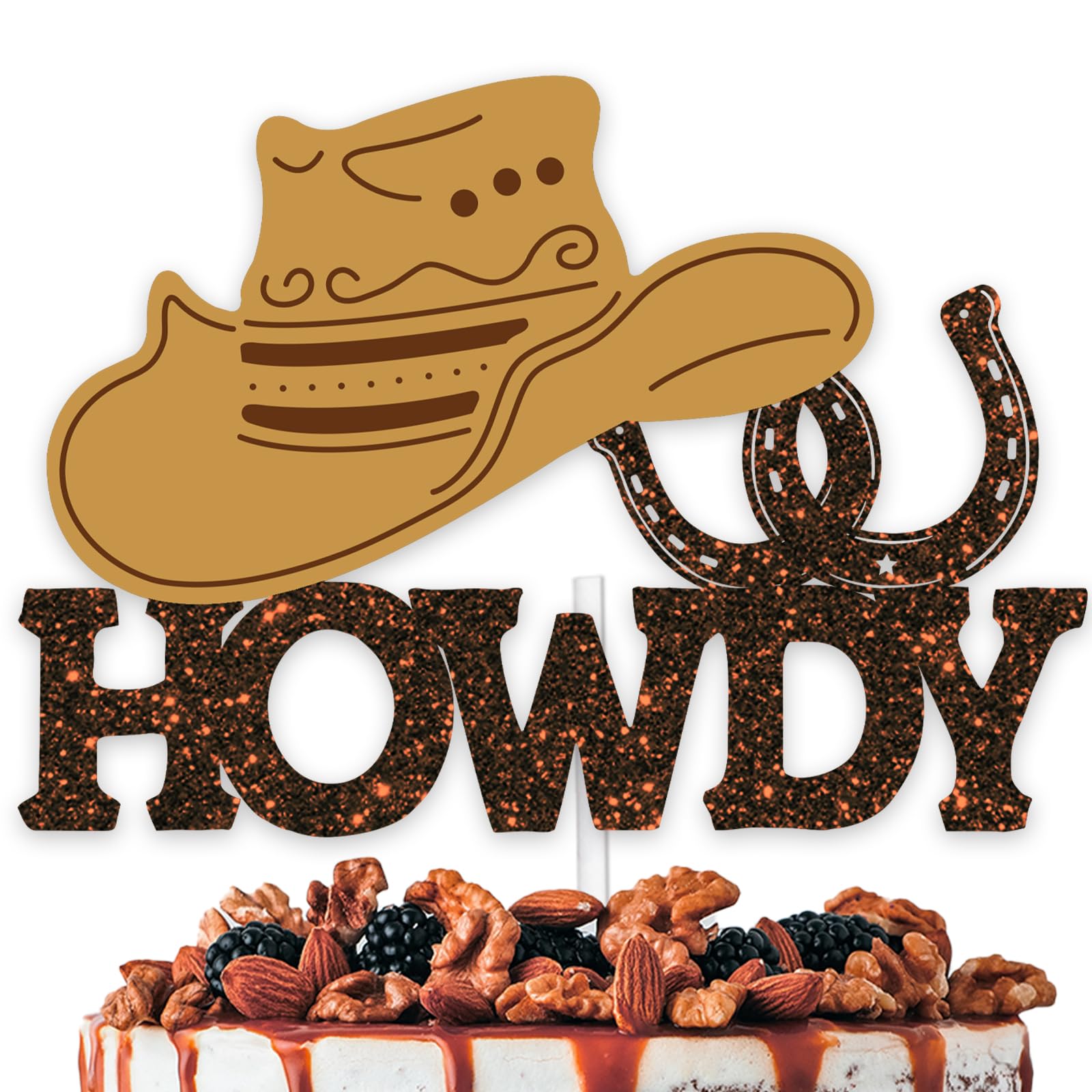 Amazon.com: Brown Glitter Howdy Cowboy Hat Cake Topper Cheer to Cow ...