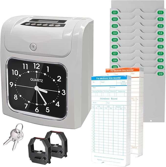 ASSUR Employee Punch Time Clock Bundle with 100 Punch Cards, 2 Ribbons, 1 Time Card Rack, 2Keys ...