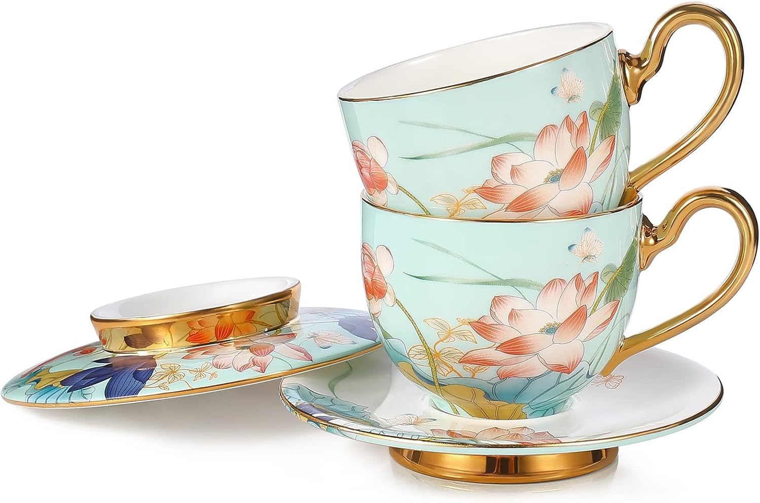 Amazon.com | Junrutc Coffee Cups and Saucers Set of 2, Bone Porcelain ...
