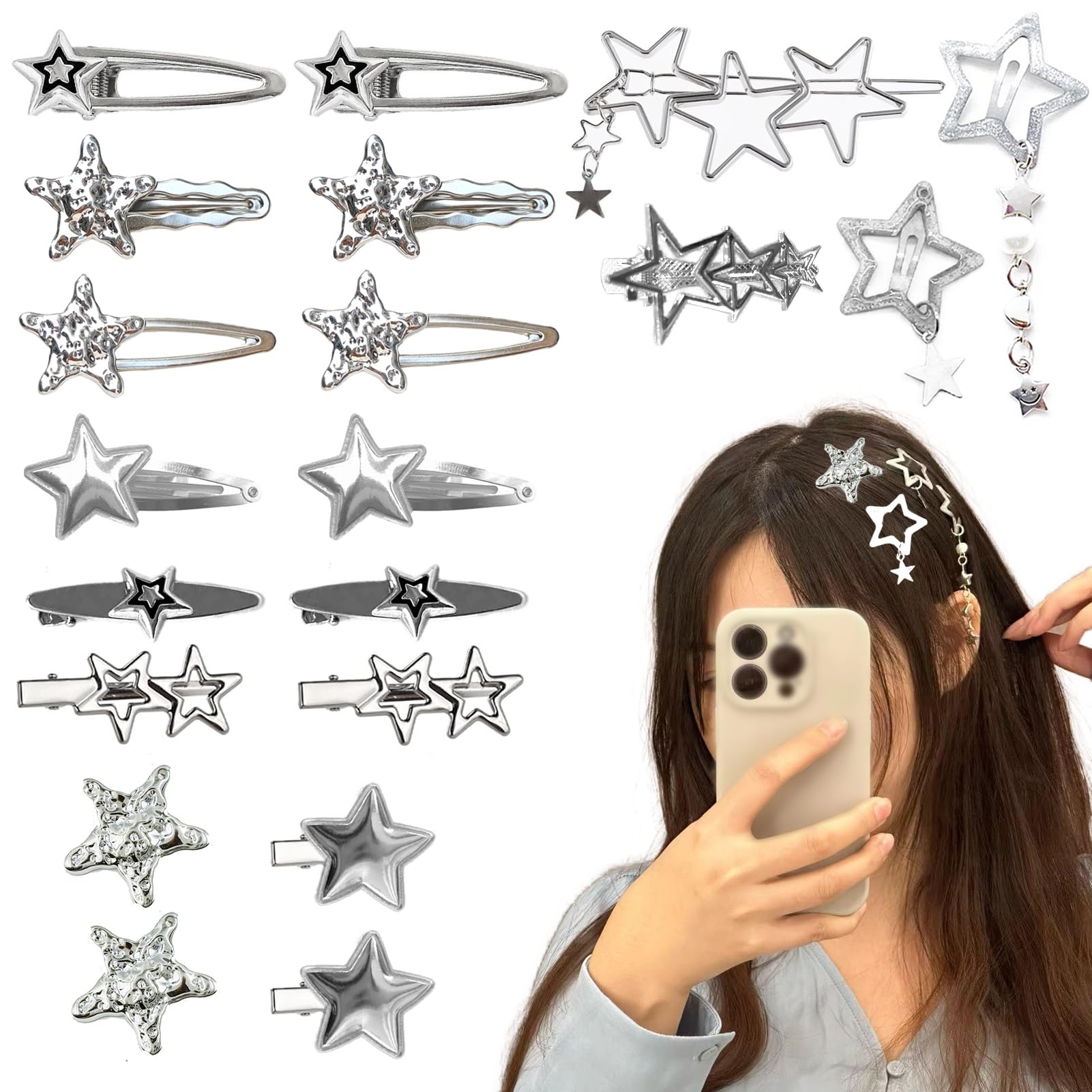 Amazon.com : Y2K Star Hair Clips,20pcs Silver Hair Clips for Women ...