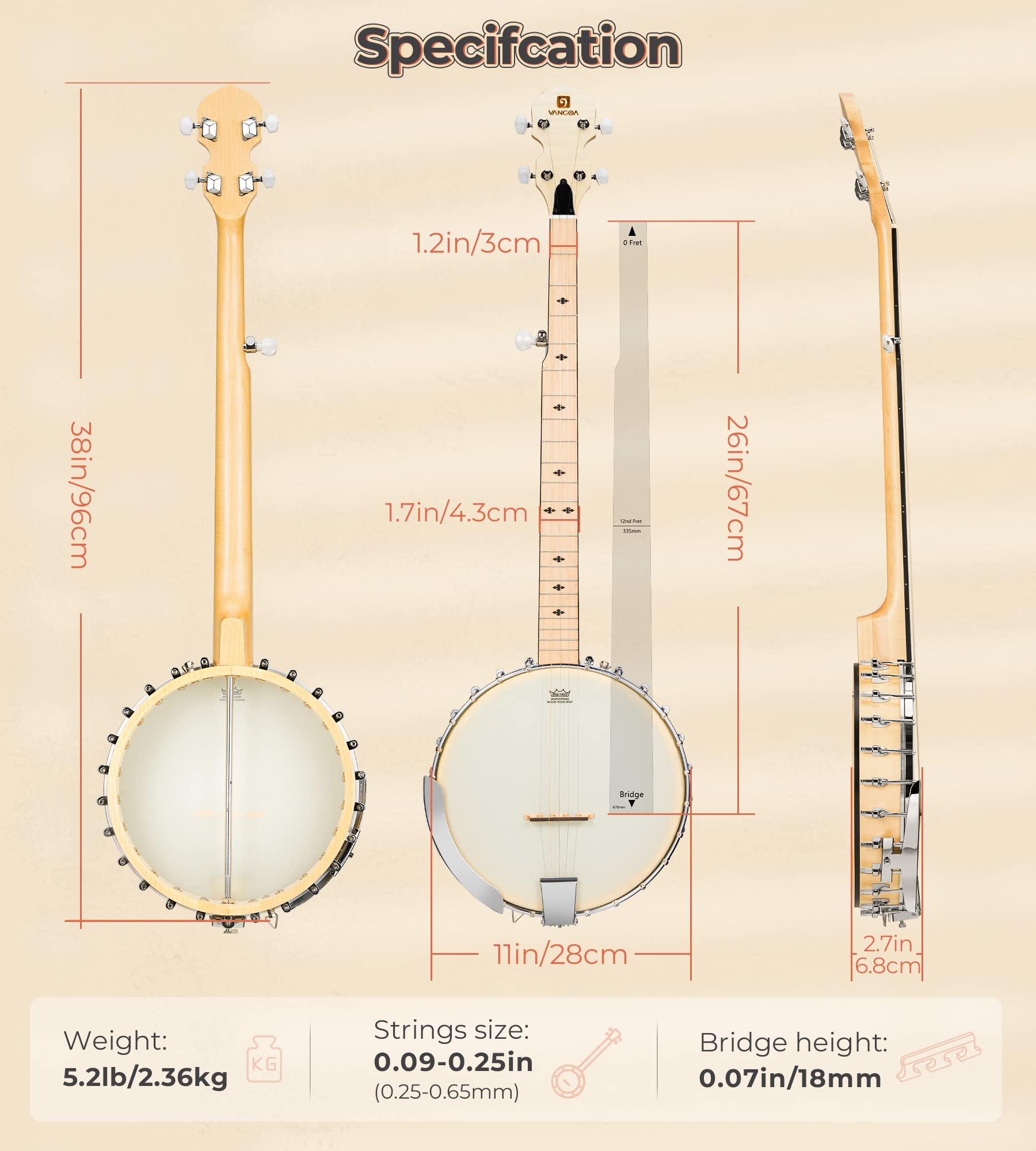 Snapklik.com : Vangoa Open Back 5 String Full Size Banjo, Clawhammer ...