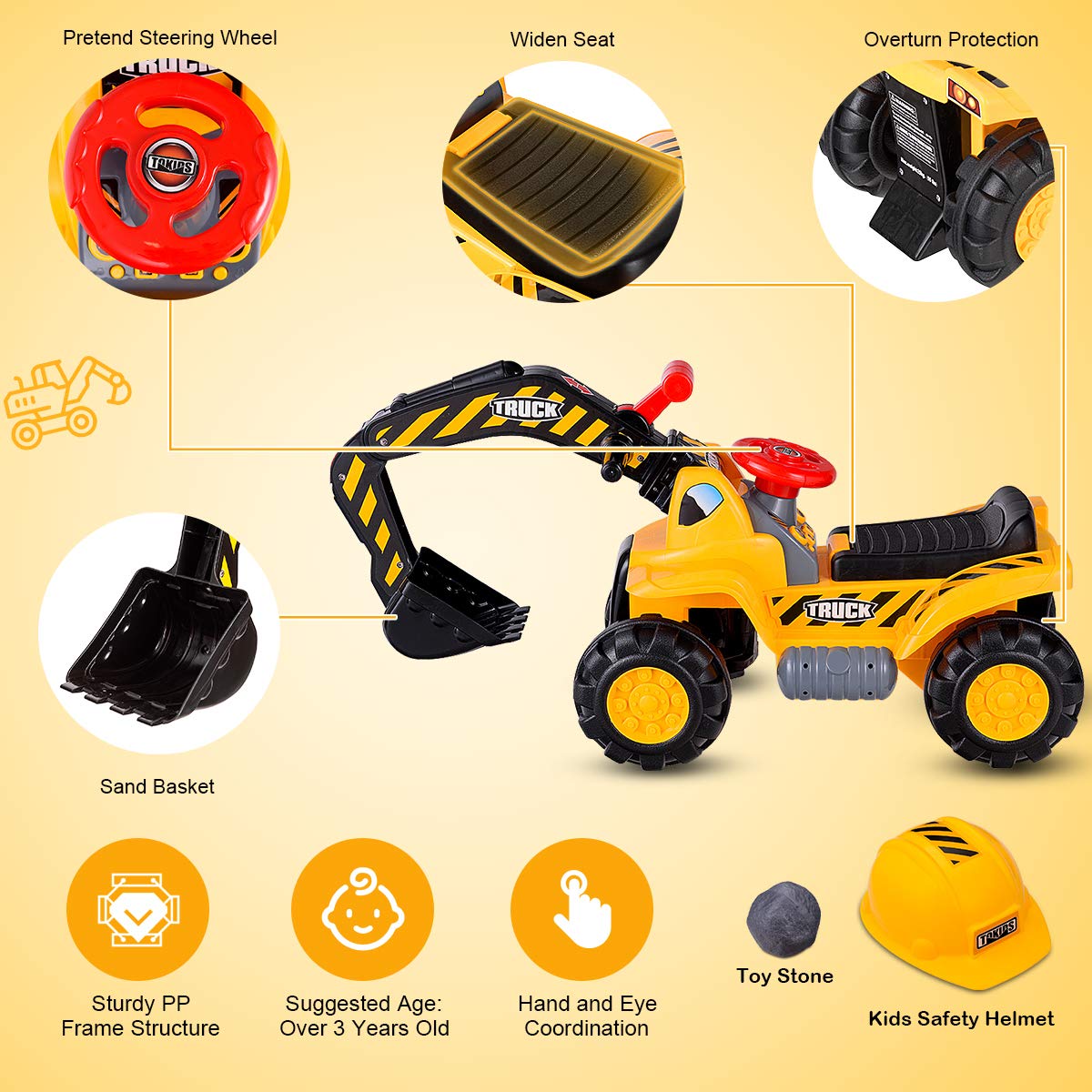 Costzon Kids Ride On Construction Excavator, Outdoor Digger Scooper ...
