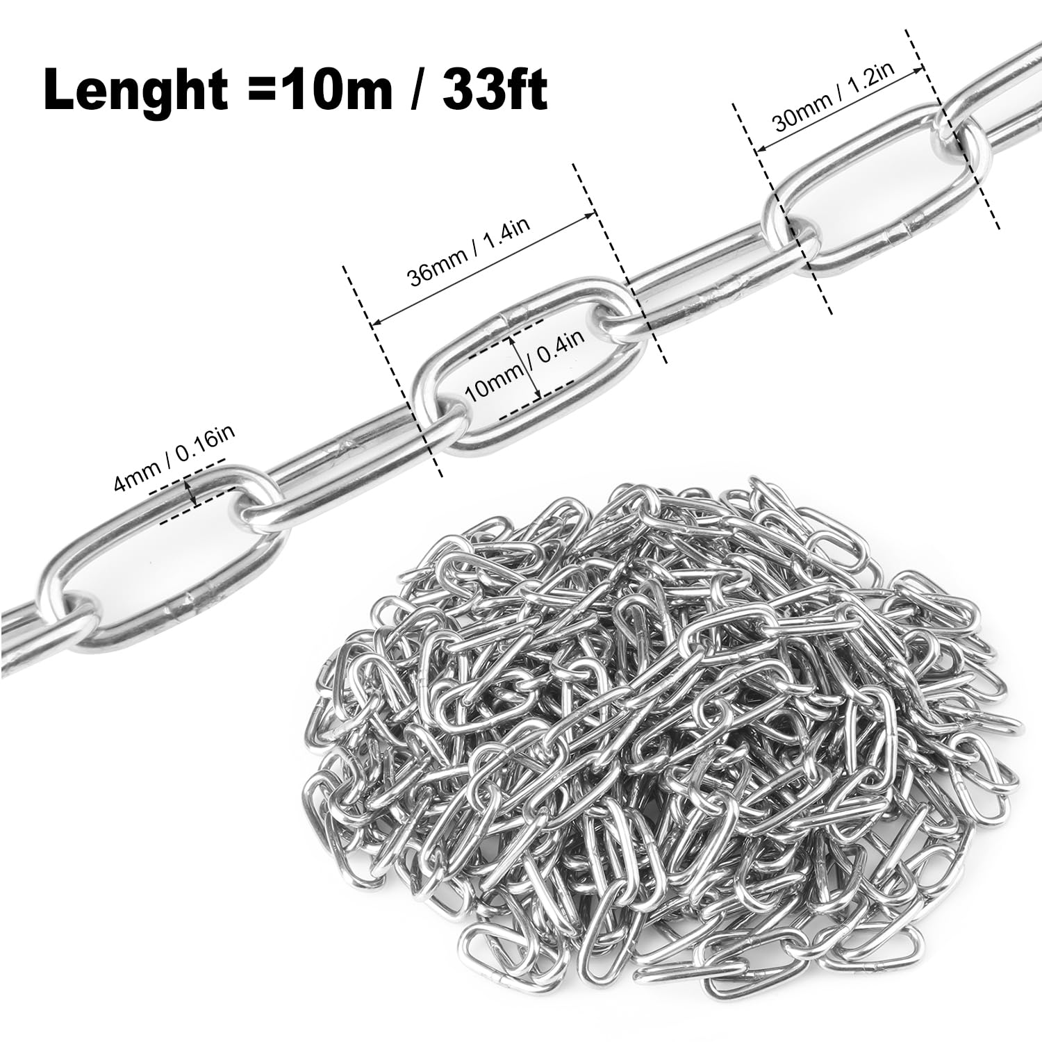 Snapklik.com : 33 Ft Stainless Steel Chain, 4 Mm Heavy Duty Chain ...
