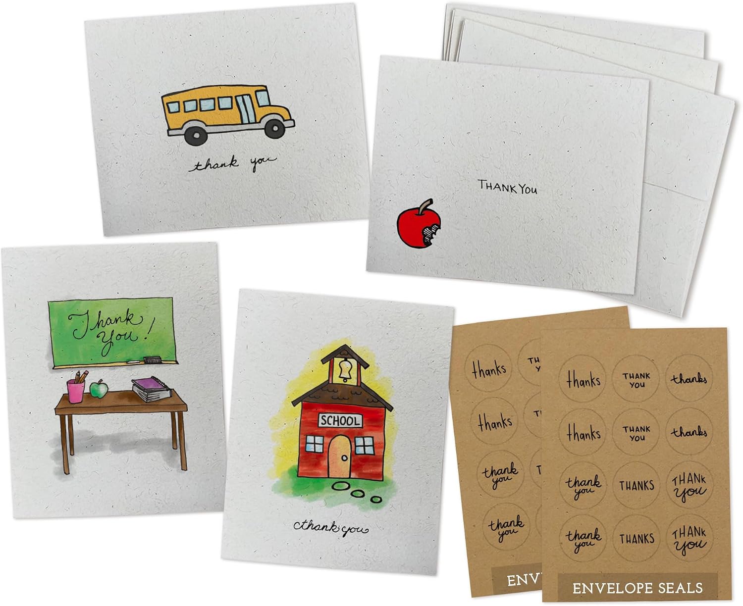 School Thank You Cards - 24 Note Cards & Envelopes with Kraft Sticker ...