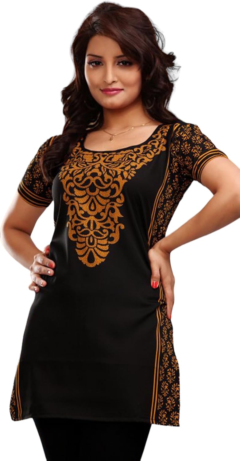 Indian Style Printed Kurtis for Women Short Crepe Kurti Round Neck ...