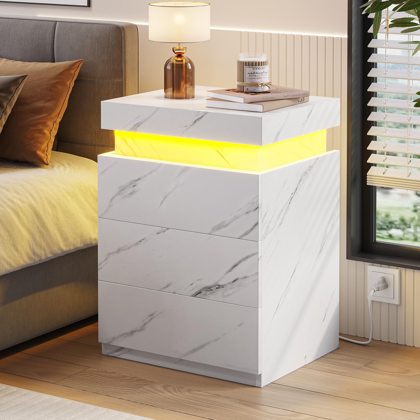 Amazon.com: i-aplus Bedside Table with 2 Drawers, LED Nightstand Wooden ...