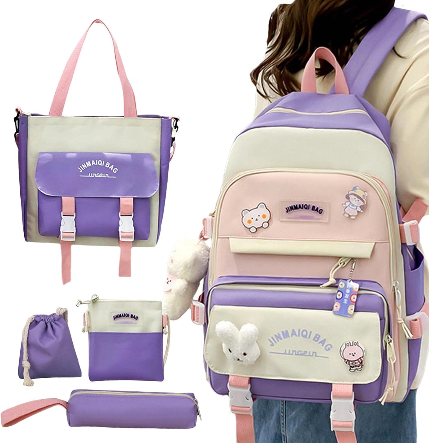 Combinação de mochilas fofas | Mochila Escolar Conjunto Combo com Pin ...